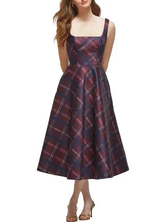 Dessy Collection Tartan Square Neck Fit-and-flare Midi Dress - Cabernet Midnight