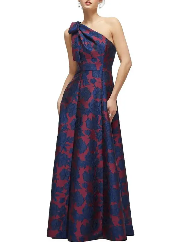 Alfred Sung Bow One-shoulder Jacquard Ballgown - Burgundy Navy Floral