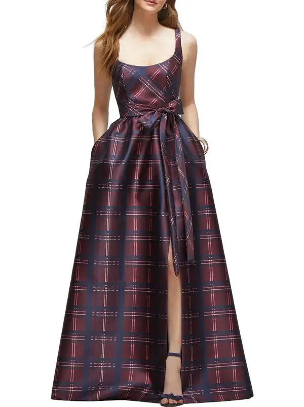 Dessy Collection Tartan Tie Waist Sleeveless Satin Gown - Cabernet Midnight