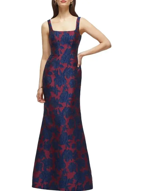 Dessy Collection Floral Jacquard Sleeveless Trumpet Gown - Burgundy Navy Floral