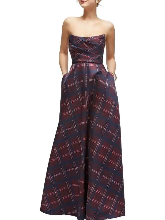Dessy Collection Tartan Strapless Gown - Cabernet Midnight