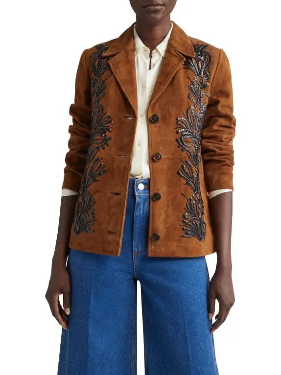St. John Ojai Sequin & Bead Embellished Suede Jacket - Toffee/black