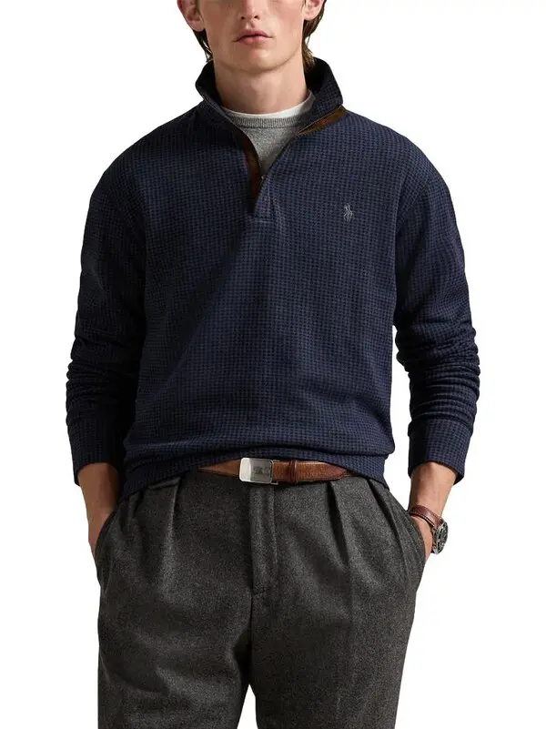 Ralph Lauren Houndstooth Cotton Blend Quarter Zip Pullover - Winter Navy Heather Dogtooth