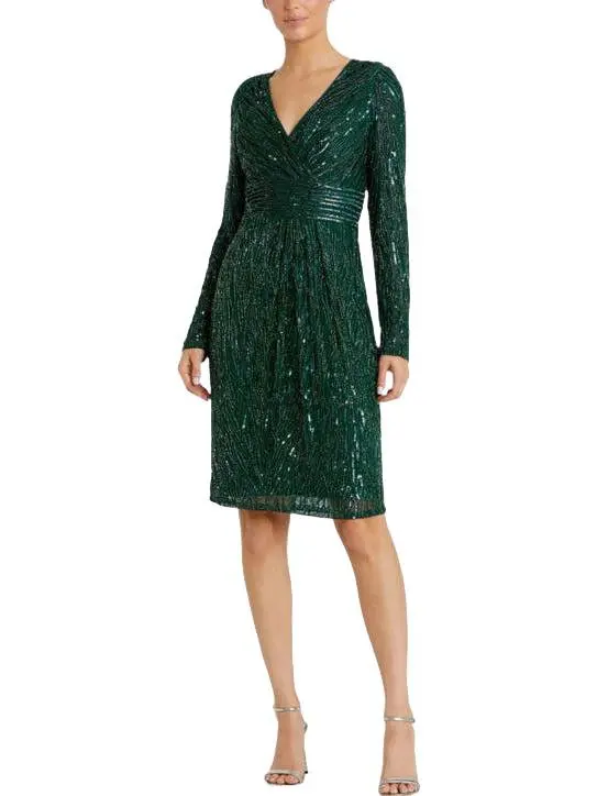 Mac Duggal Long Sleeve Embellished Sequin Cocktail Dress - Green