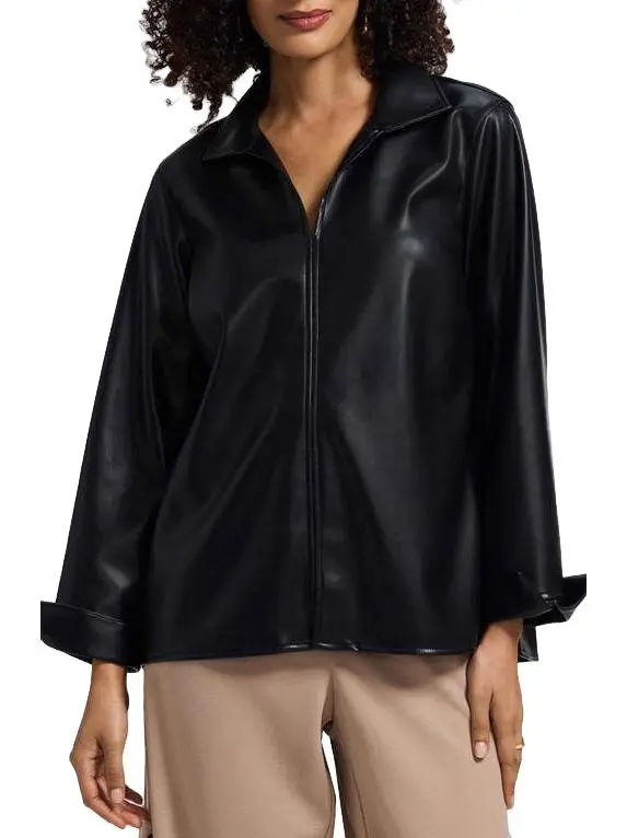 Foxcroft Agnes Faux Leather Long Sleeve Popover Top - Black