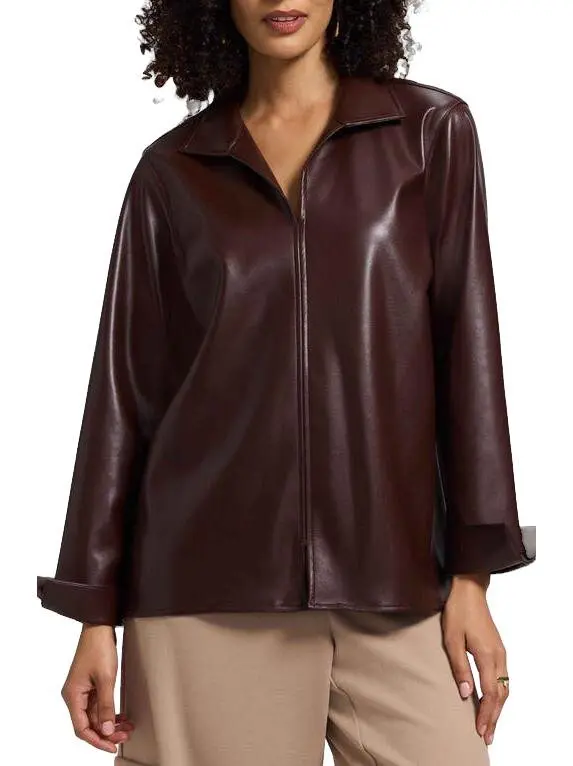 Foxcroft Agnes Faux Leather Long Sleeve Popover Top - Chicory Coffee