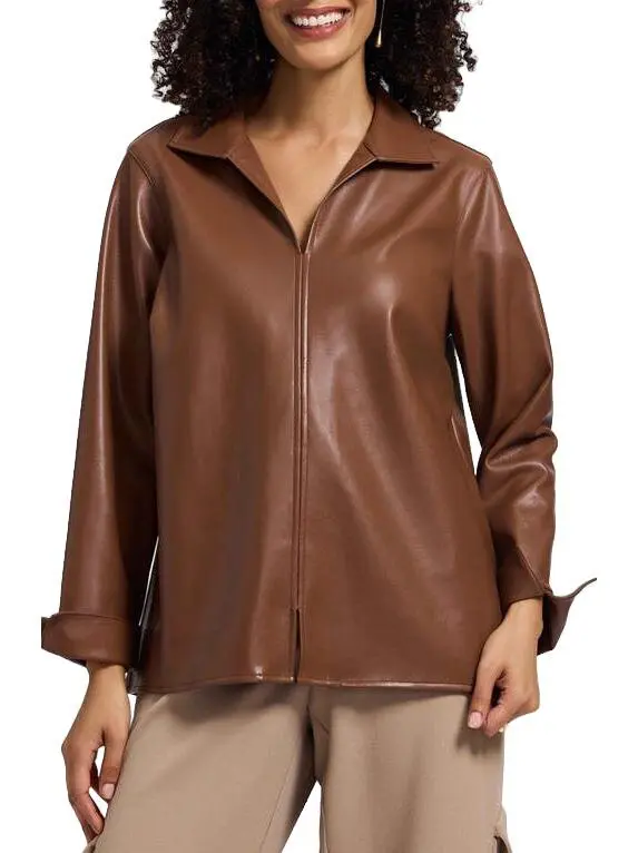 Foxcroft Agnes Faux Leather Long Sleeve Popover Top - Macchiato