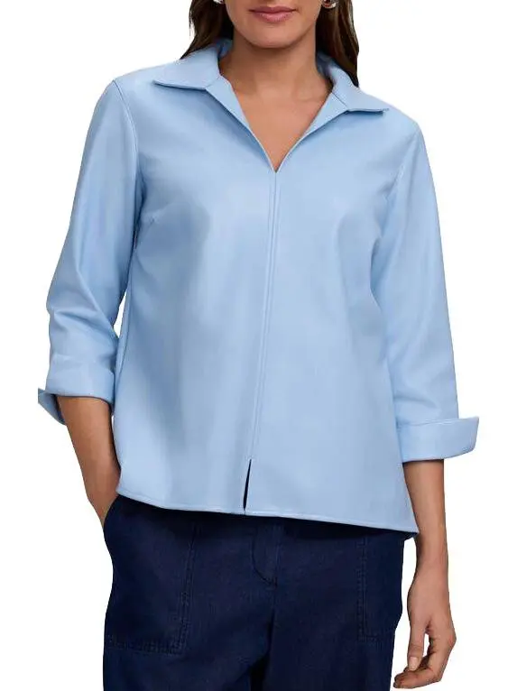 Foxcroft Agnes Faux Leather Long Sleeve Popover Top - Sky Blue