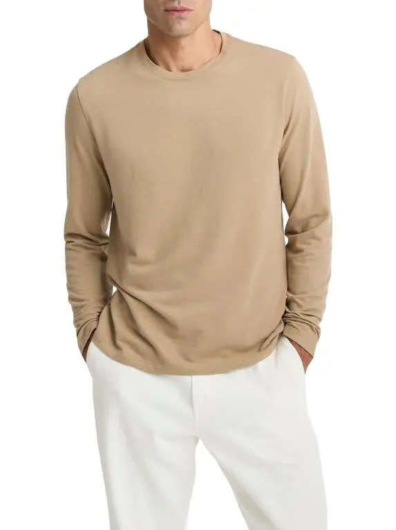 Vince Bird's Eye Stitch Long Sleeve Pima Cotton Crewneck T-shirt - British Khaki/med Grey