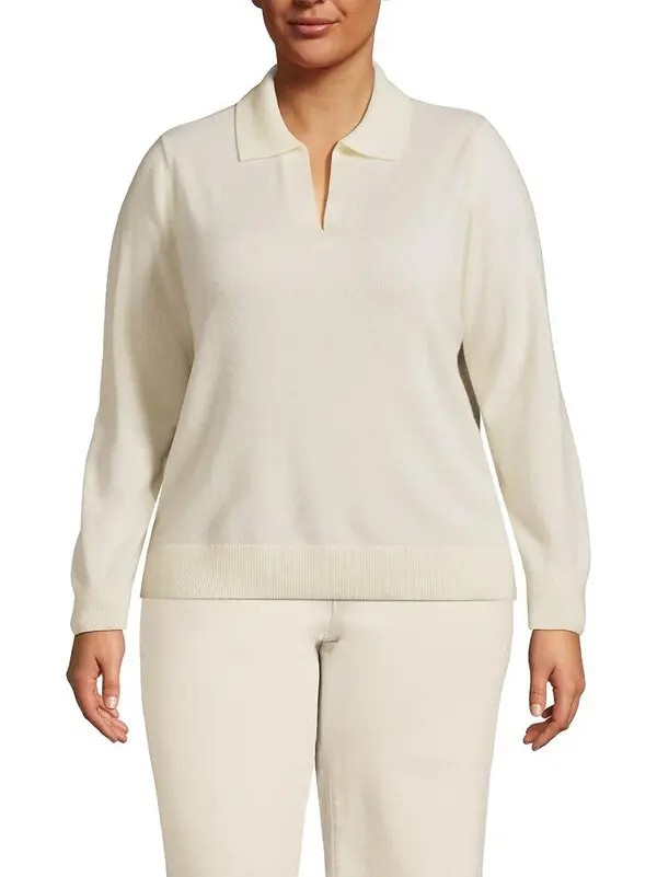 LANDS' END Cashmere Johnny Collar Sweater - Fresh Ivory