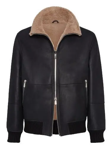 Brunello Cucinelli Nubuck Shearling Bomber Jacket - Black