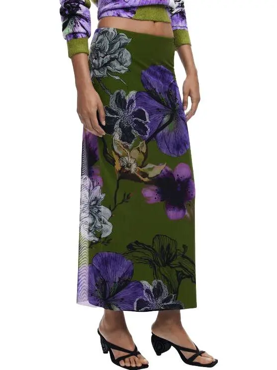 Desigual Floral Mesh Maxi Skirt - Olive Green