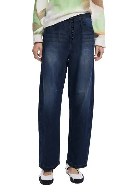 Desigual Exposed Button Fly Barrel Leg Jeans - Dark Blue