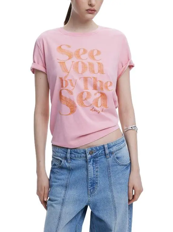 Desigual Embroidered Cotton T-shirt - Pink