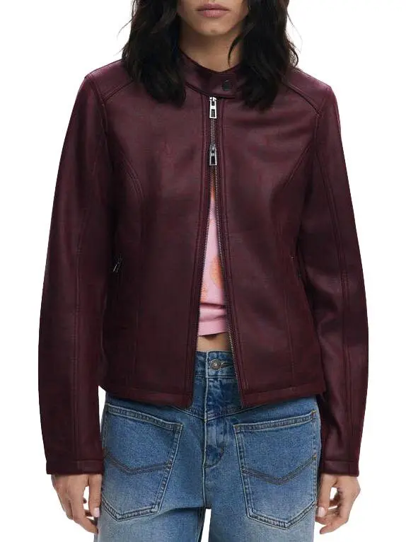 Desigual Faux Leather Moto Jacket - Burgundy