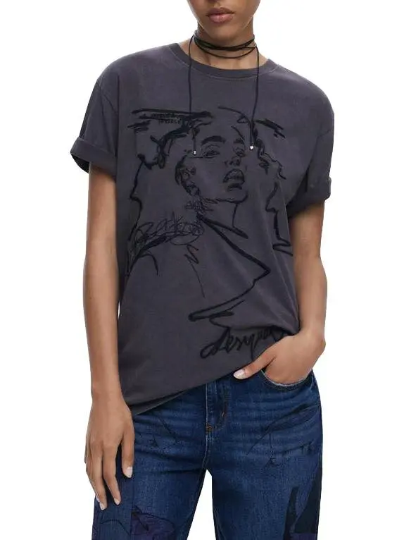Desigual Embroidered Face Cotton T-shirt - Gray