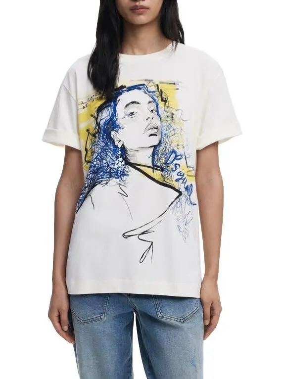 Desigual Doodle Face Graphic Cotton T-shirt - White
