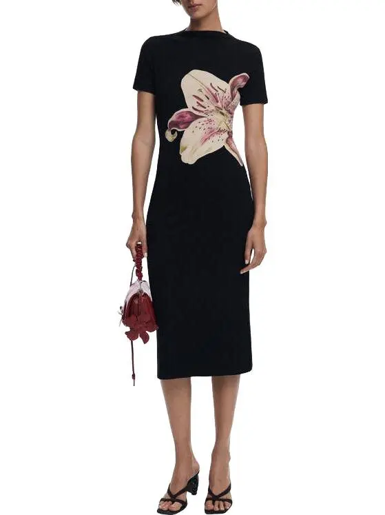 Desigual Ribbed Orchid Print Midi Dress - Black