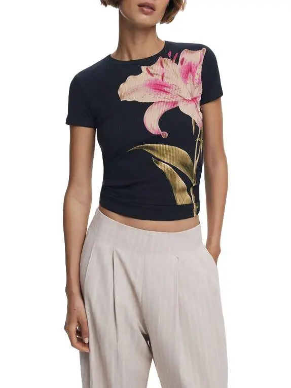 Desigual Floral Keyhole Ribbed T-shirt - Black