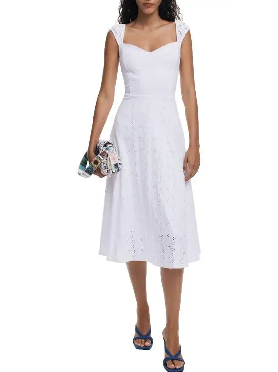 Desigual Sleeveless Embroidered Eyelet Cotton Midi Dress - White