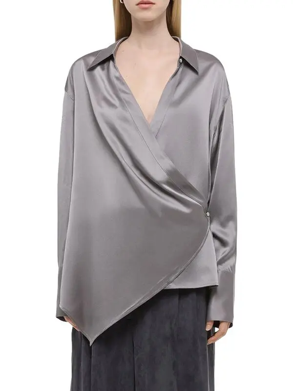 Helmut Lang Wrap Front Silk Shirt - Steel