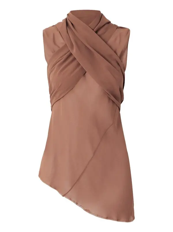 CORTANA Serene Asymmetric Draped Silk-crepe Top - Brown
