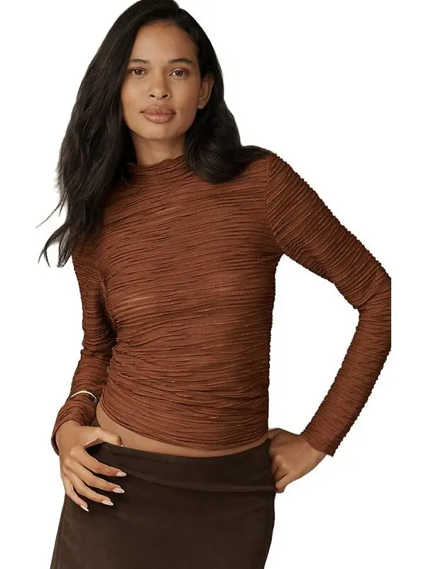PILCRO Metallic Textured Turtleneck Top - Dark Orange