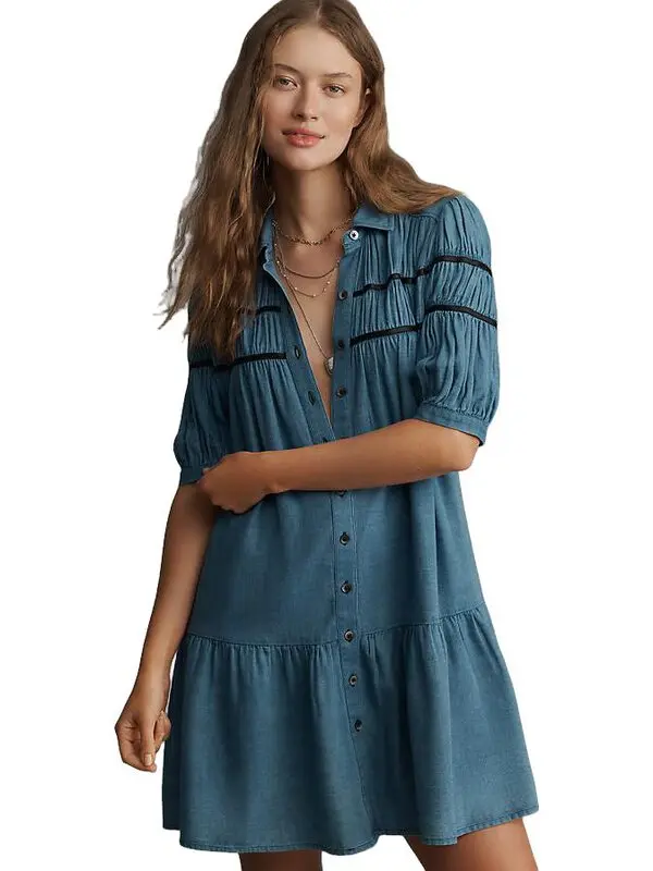 Maeve Leandra Shirred Yoke Mini Dress - Medium Denim