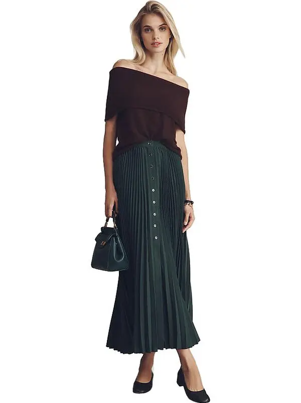 Maeve Pleated Button-front Midi Skirt - Shaded Moss