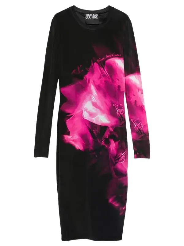 Versace Floral-print Long-sleeve Midi Dress - Black