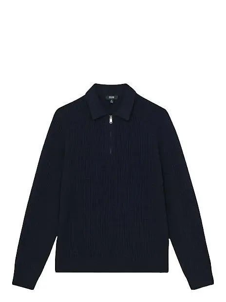 REISS Hamilton Waffle Wool Knitted Polo Shirt - Navy