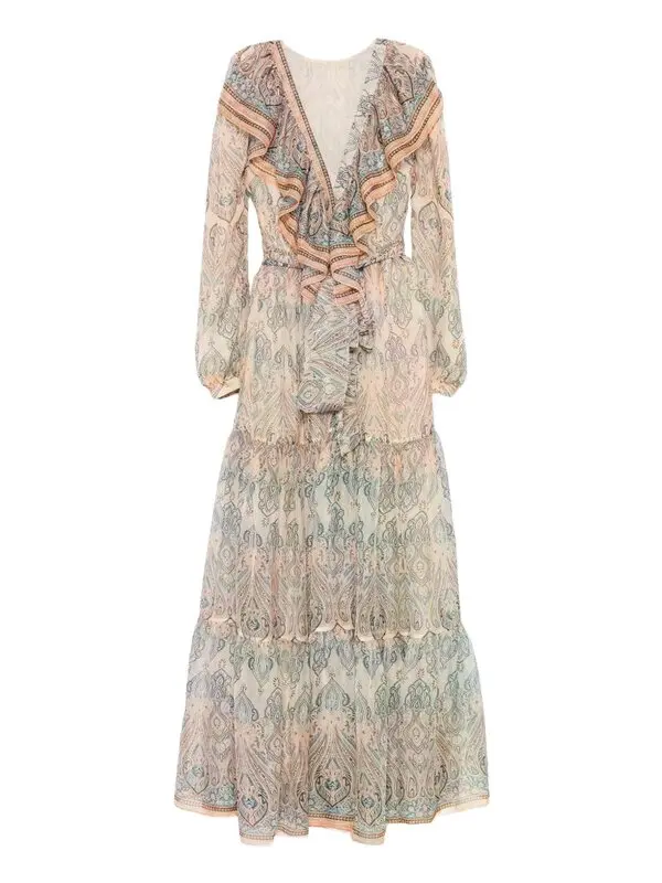 MIAU BY CLARA ROTESCU Paisley-print Ruffle-hem Maxi Dress - Neutrals