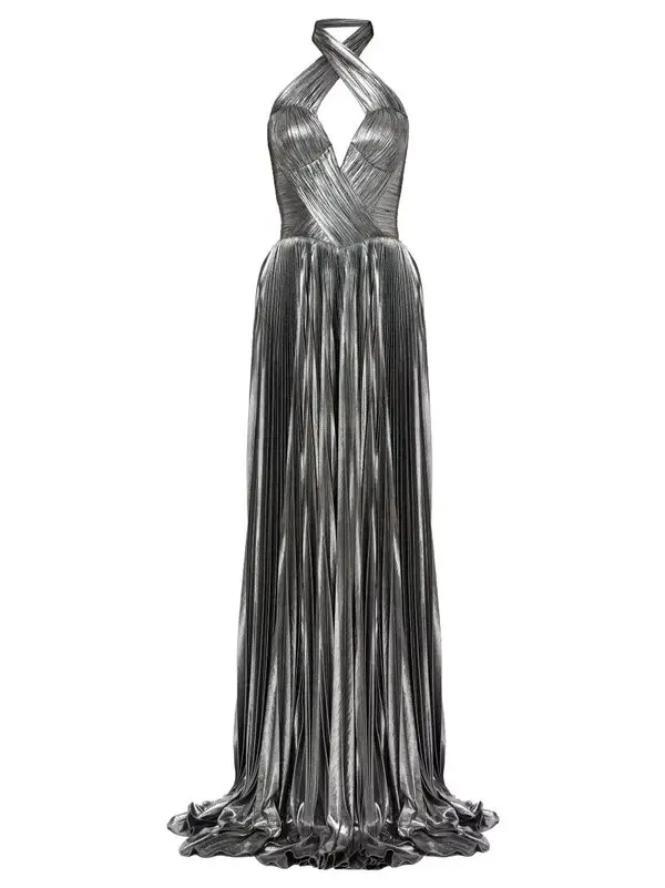 IRIS SERBAN Kareen Halter-neck Pleated Dress - Silver