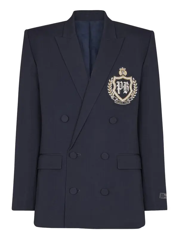 Balmain Wool Crystal-embellished Emblem Blazer - Navy