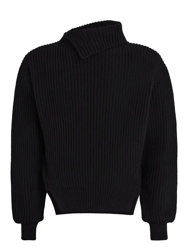 JIL SANDER Wool Ribbed Asymmetrical Rollneck Sweater - Black