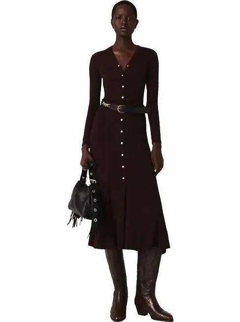 Maje Knit Midi Dress With Buttons - Brown