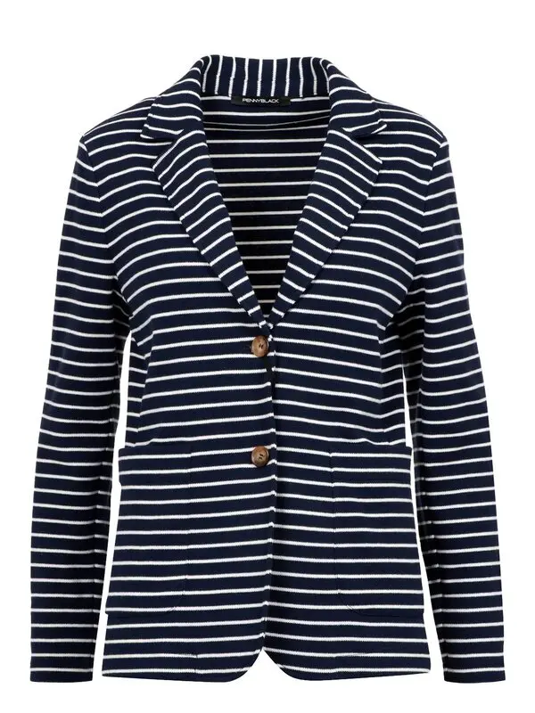 PENNY BLACK Striped Cotton Blend Pique Jersey Blazer - Blue