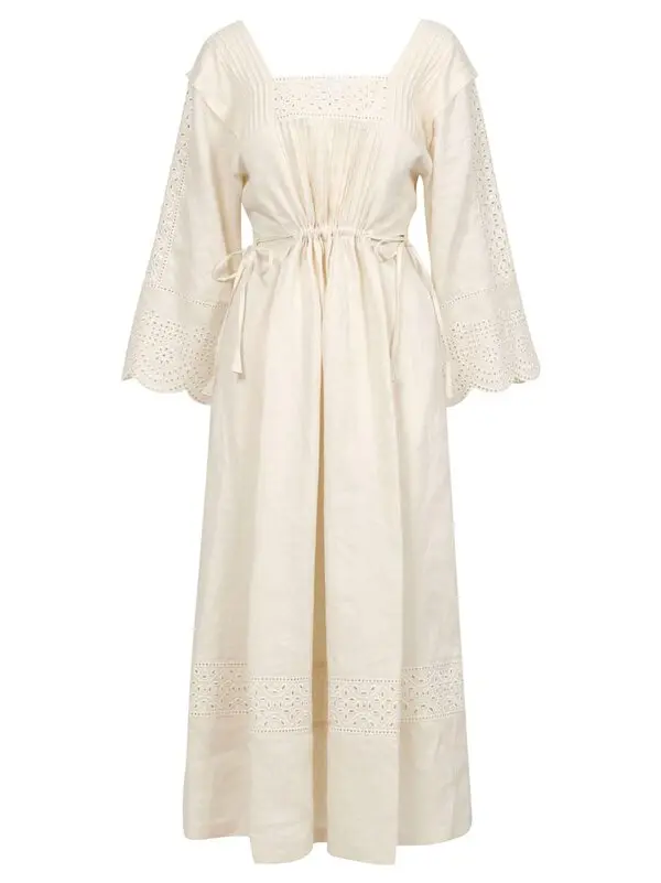 Max Mara Linen Dress With Sangallo Lace - Beige