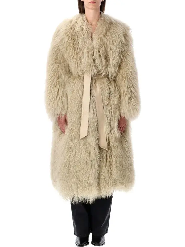 SWORD 6644 Genuine Mongolian Shearling Maxi Coat - Beige