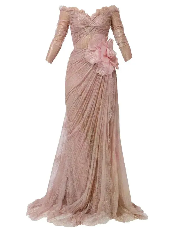IRIS SERBAN Lorena Pleated Lace Flower Dress - Pink