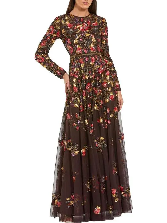 Mac Duggal Floral Embellished Long Sleeve Evening Gown - Espresso Multi