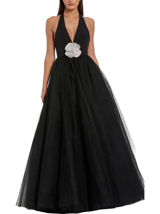 Mac Duggal Jersey Halter Ballgown With Floral Detail - Black