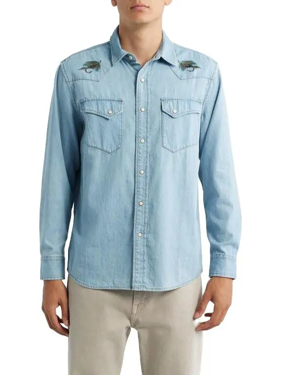 Pendleton Gambler Embroidered Snap-up Chambray Shirt - Light Denim/salmon