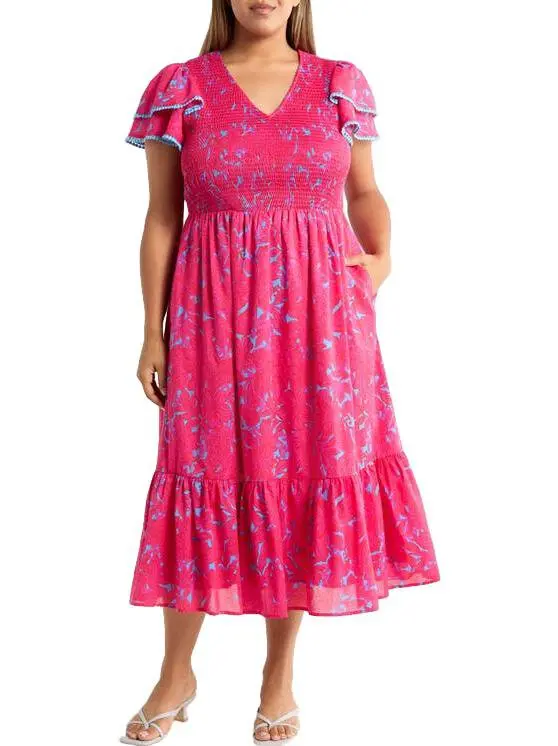 SUGARLIPS Floral Print Smock Bodice Cotton Dress - Pink/blue
