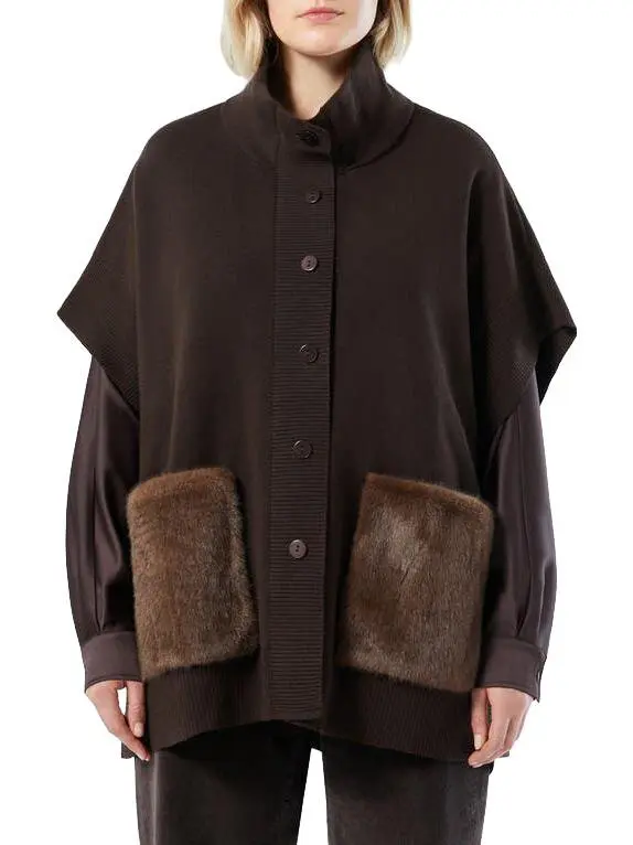 Marina Rinaldi Ottico Faux Fur Pocket Jersey Knit Poncho - Chocolate