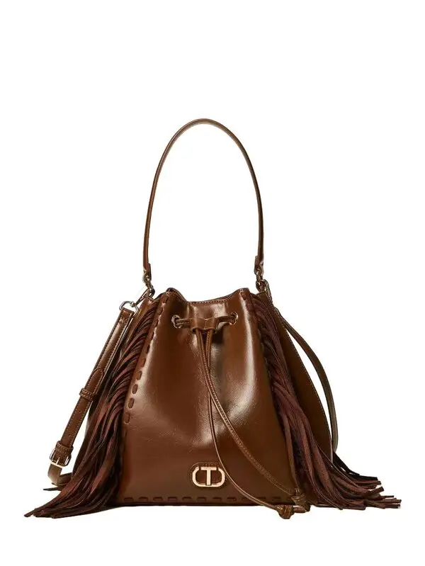 TWINSET Fringe Drawstring Bucket Bag - Brown
