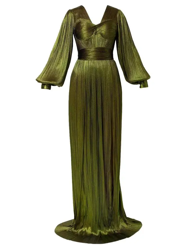 IRIS SERBAN Pleated Long-sleeve Gown - Green