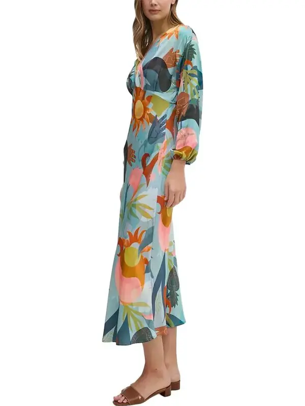 NEVER FULLY DRESSED Abstract-print V-neck Midi Dress - Blue