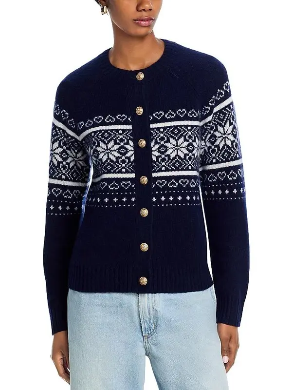 Aqua Fair Isle 100% Cashmere Cardigan - Peacoat/ivory