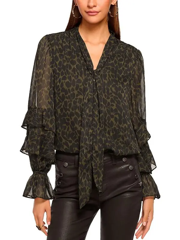 Ramy Brook Bonnie Scarf Neck Blouse - Black/ Deep Olive Foliage